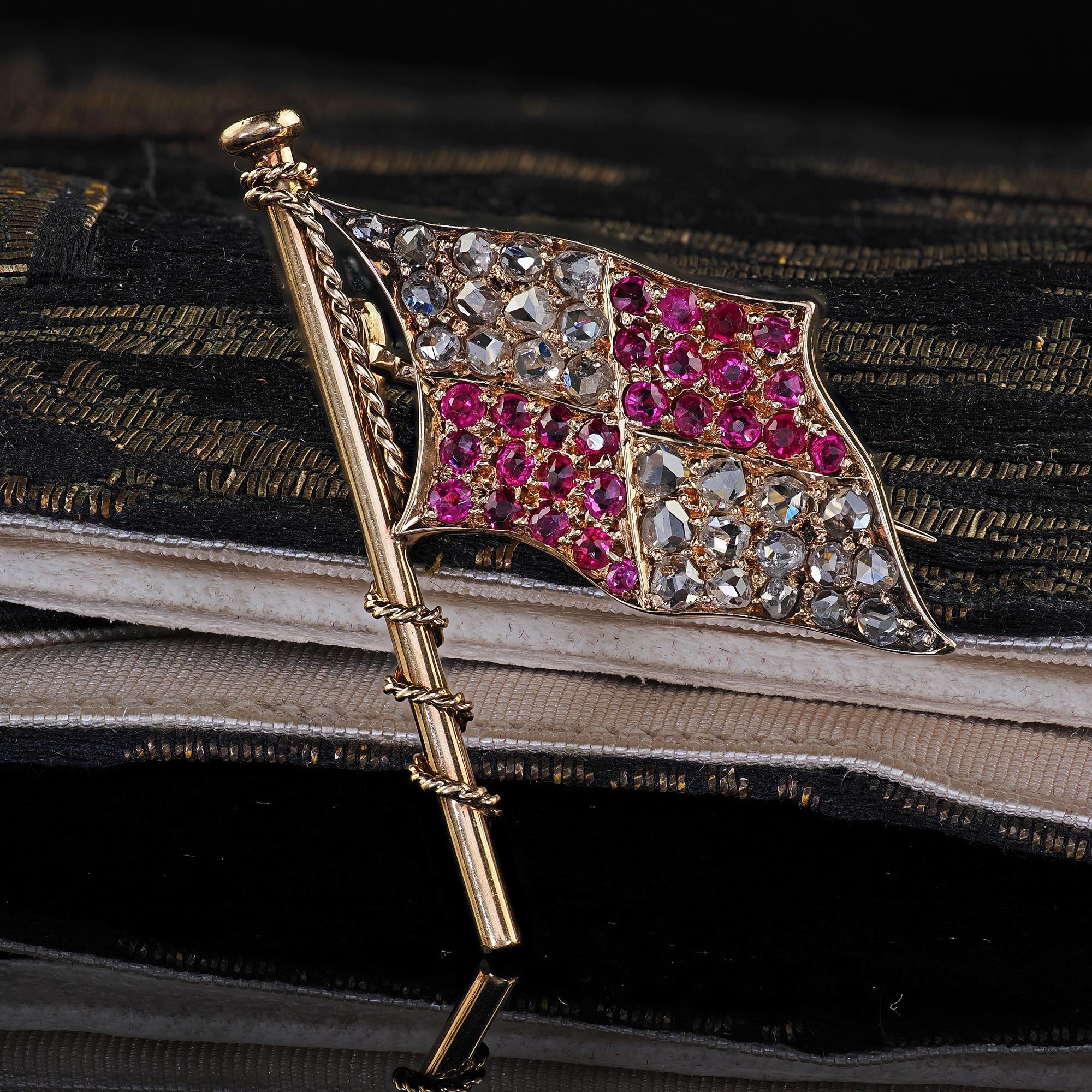 Antique Victorian 14K Yellow Gold Rose Cut Diamond and Ruby Flag Pin ...