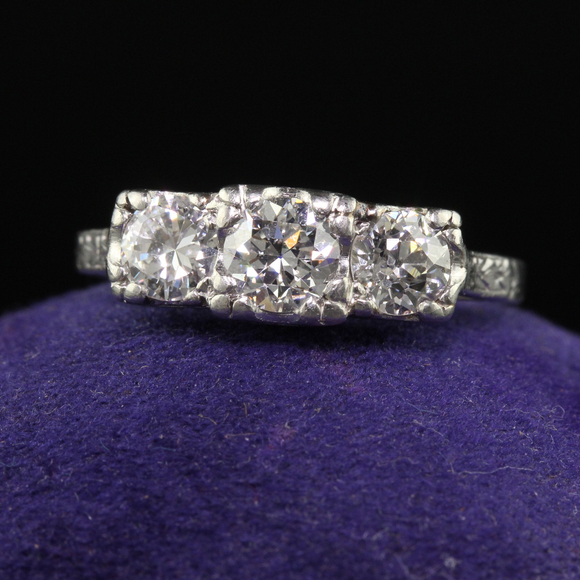 Antique Art Deco Platinum Three Stone Old European Diamond Engraved Ri ...