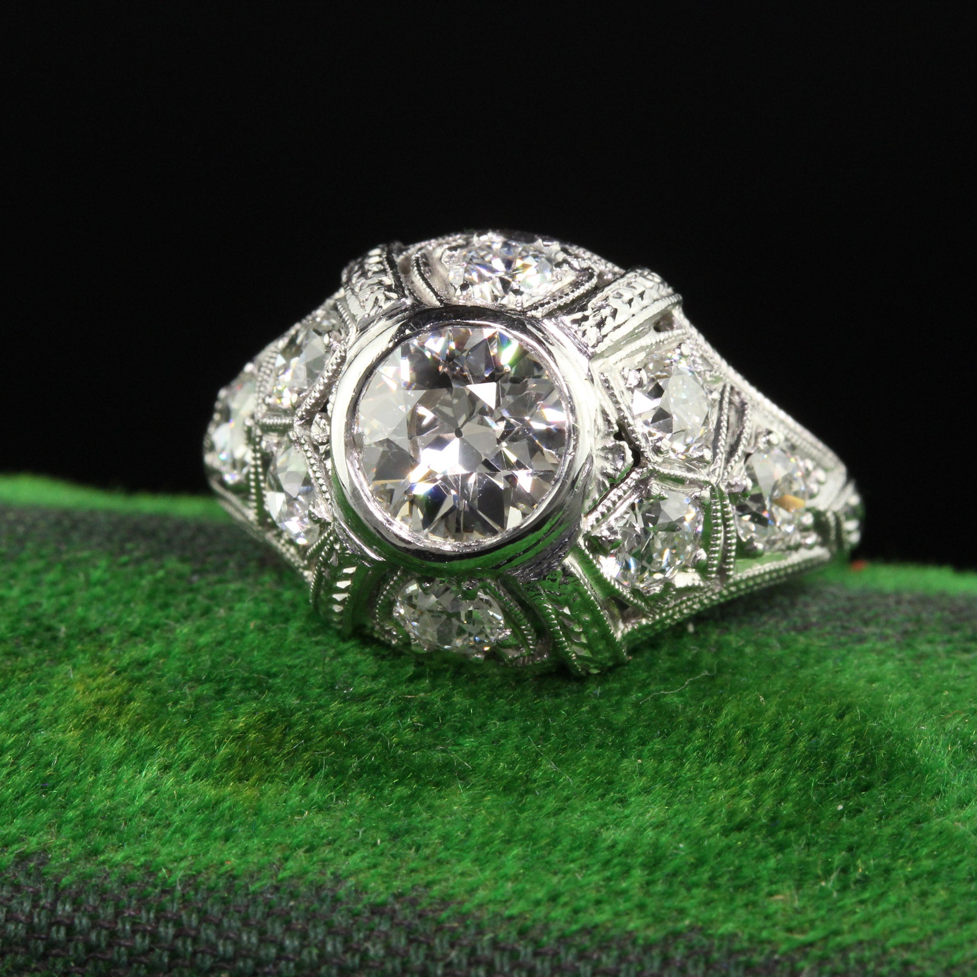 Antique Art Deco Platinum Old European Diamond Engraved Engagement Rin ...