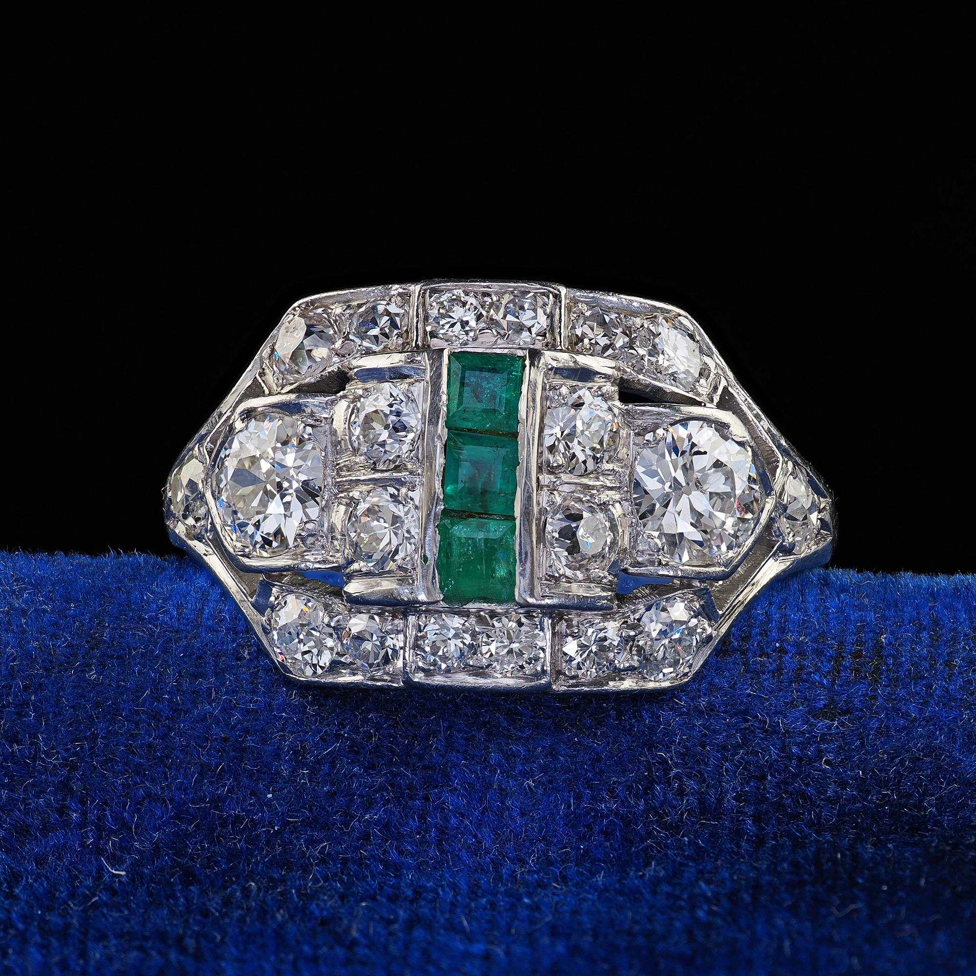 Antique Art Deco Birks Platinum Old European Cut Diamond and Emerald R ...