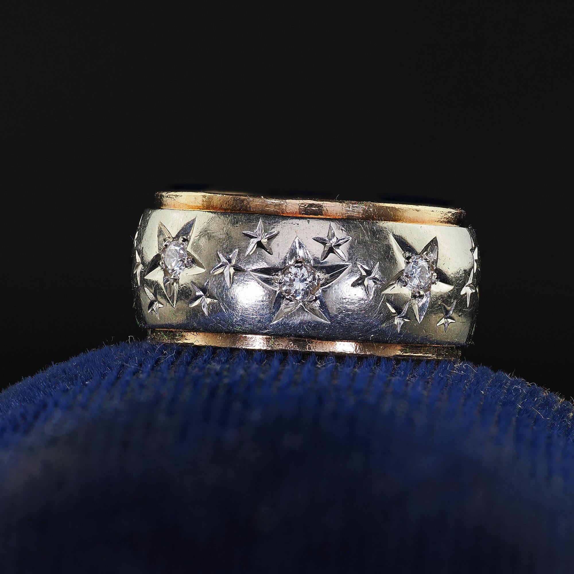 Vintage Retro 14K Two Tone Diamond Star Set Wide Wedding Band - Size 5 ...