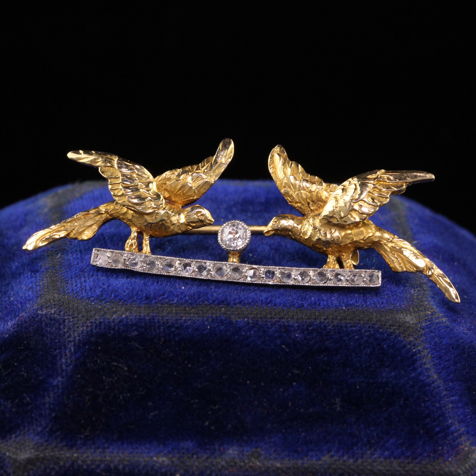Antique Edwardian 18K Yellow Gold Platinum Top Rose Cut Double Bird Pi ...