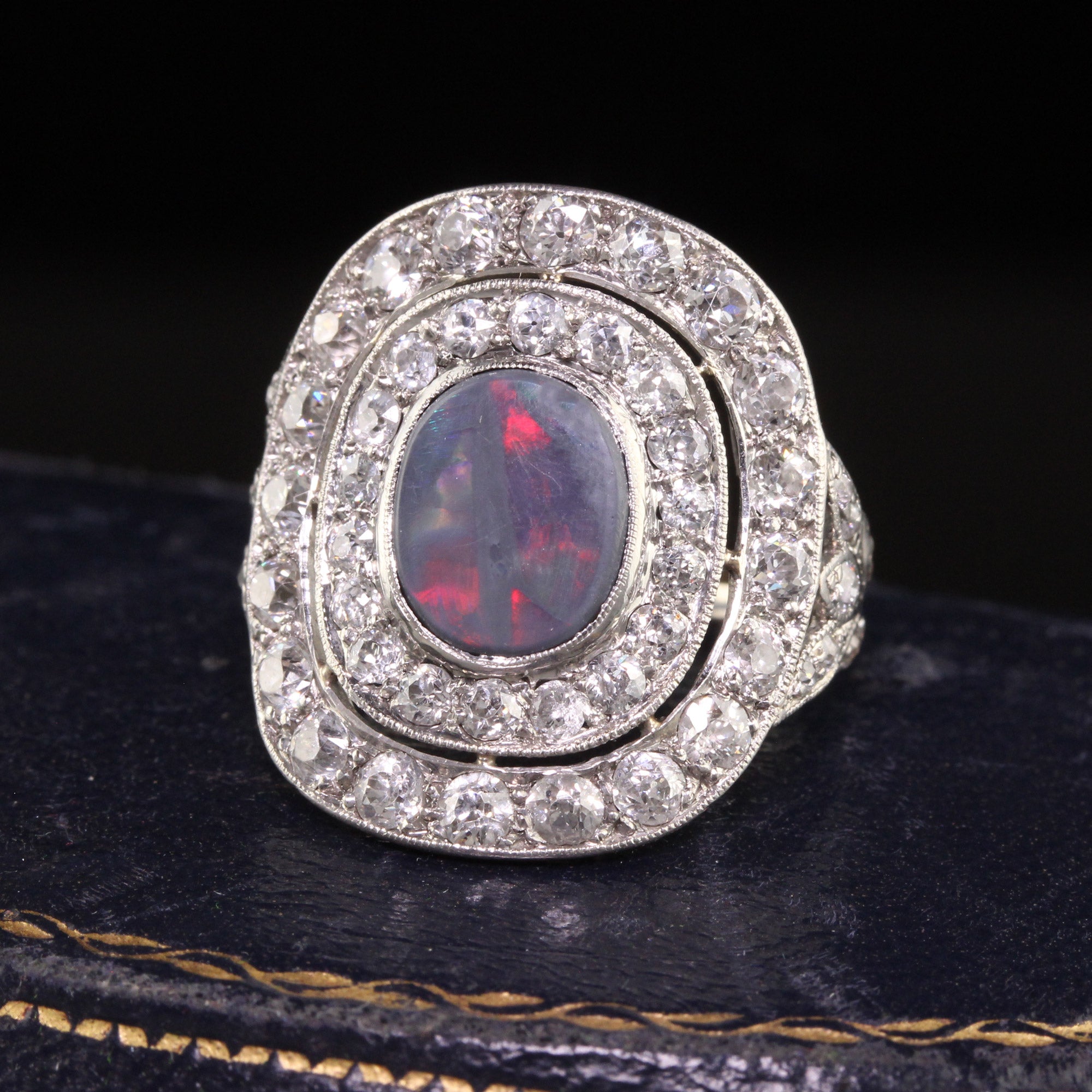 Antique Art Deco Platinum Black Opal and Old European Diamond Shield R ...